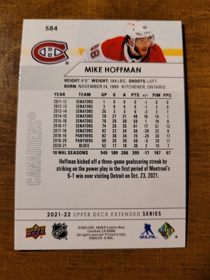 2021-22 Upper Deck Extended Series - #584 Mike Hoffman Canadiens | eBay