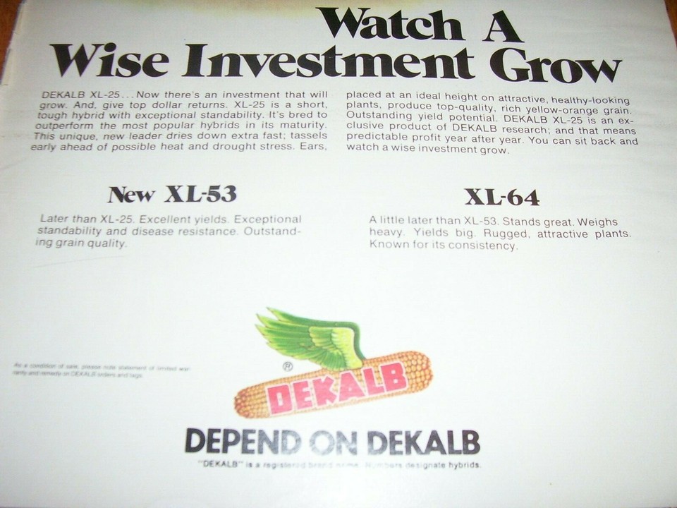 VINTAGE SEED CORN ADVERTISING PAGE-DEKALB SEED CORN XL 25 - DEKALB, Ill ...