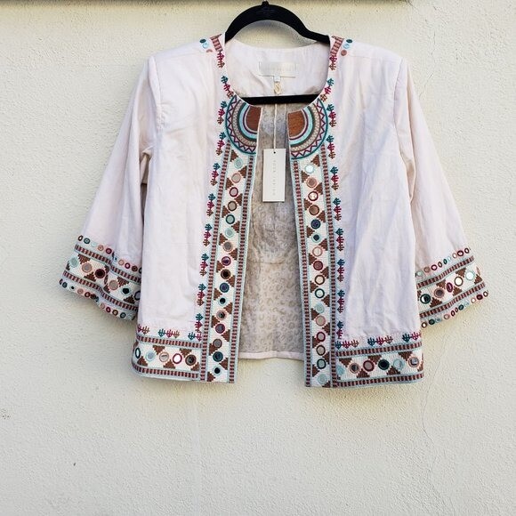 NWT SOUK Indigo Women Hand Embroidered Open Jacket w/ Shoulder pads Tan ...