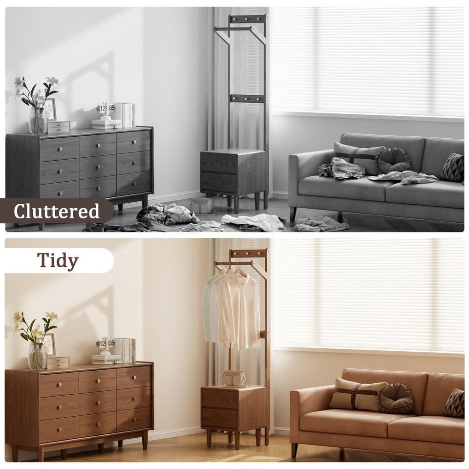 Solid Wood Nightstand with Clothes Rack,Walnut Nightstand with 6 Coat ...