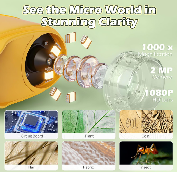Microscope for Kids 1000X Digital, Handheld HD Screen Yellow | eBay