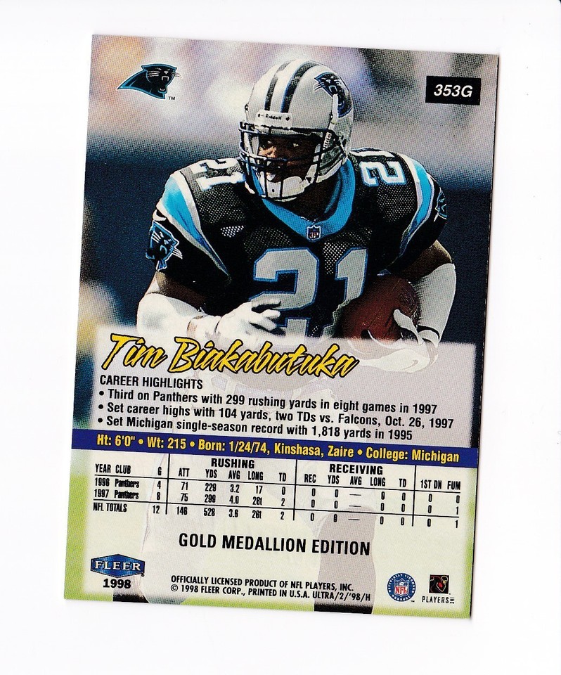1998 Ultra Gold Medallion #353G Tim Biakabutuka Carolina Panthers ...