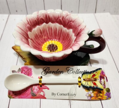 CORNER RUBY DARK PINK YELLOW CENTER FLOWER & GREEN LEAF TEA CUP ...