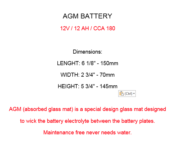 AGM Battery for Yamaha XV1900 Raider S SCL 1900 2008 2009 2010 2011 ...