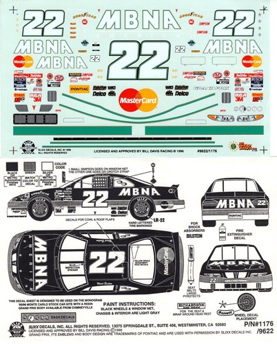NASCAR DECAL #22 MBNA AMERICA 1996 PONTIAC GRAND PRIX WARD BURTON SLIXX ...