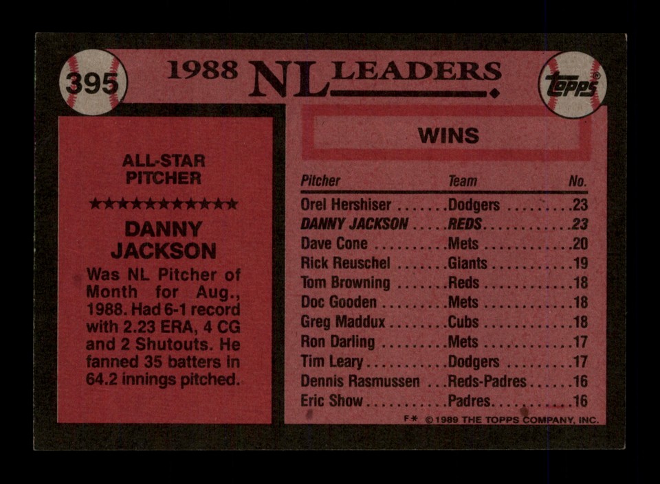 1989 Topps #395 Danny Jackson AS, LL Cincinnati Reds Baseball Card | eBay