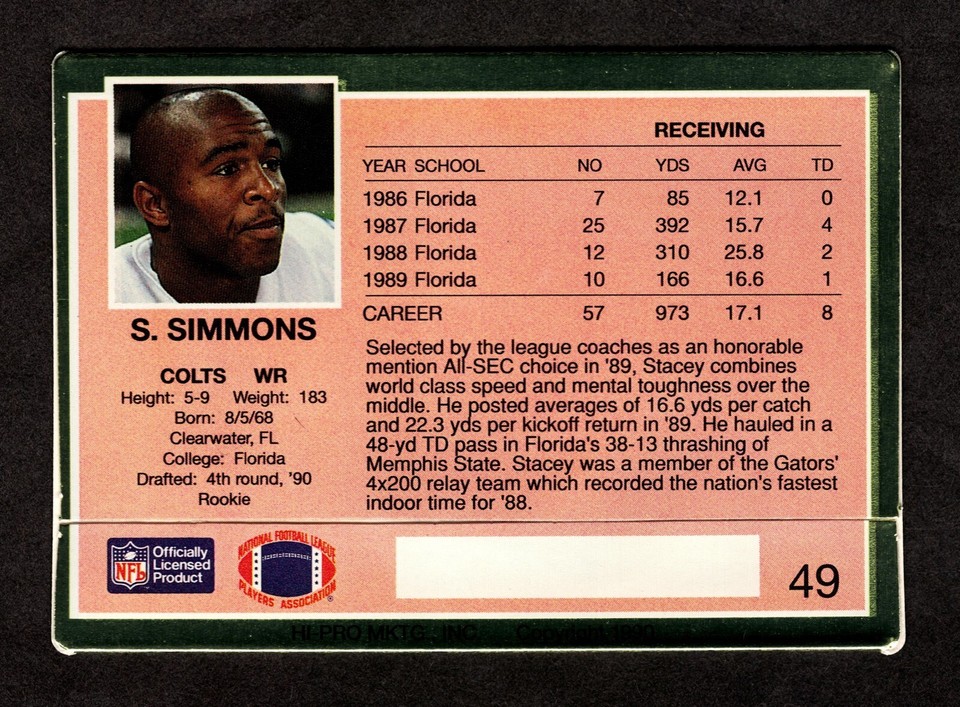 1990 ACTION PACKED RC #49 STACEY SIMMONS - INDIANAPOLIS COLTS - ROOKIE ...