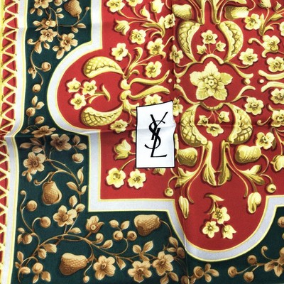 Yves Saint Laurent YSL Large scarf Flower pattern Red 88x88cm 100％Silk ...