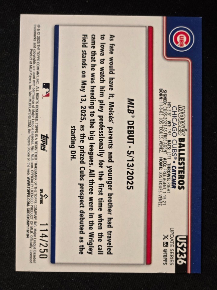 2025 Topps Update US236 Moises Ballesteros RC Debut Purple Holo Foil ...