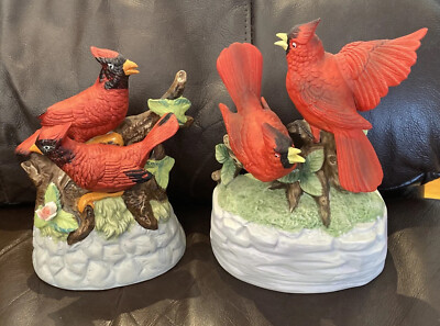 2 VTG Porcelain Cardinals Red Birds Figurines on Branches Grass Base ...