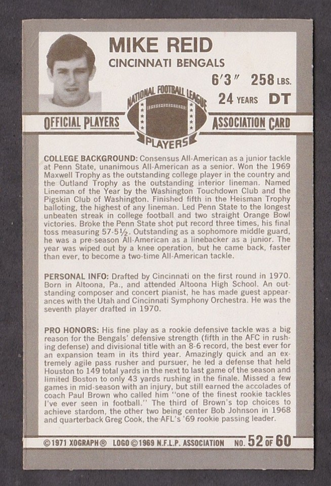 MIKE REID: Cincinnati Bengals 1971 Kellogg's #52 3-D | eBay