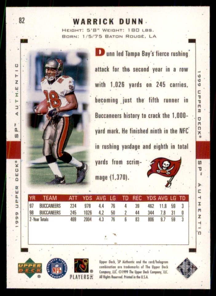 1999 SP AUTHENTIC WARRICK DUNN TAMPA BAY BUCCANEERS #82 | eBay