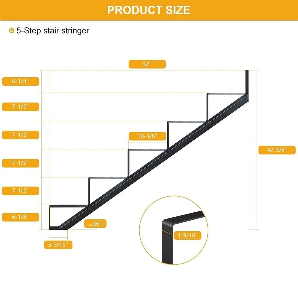 DIYHD Steel Stair Riser 5 Step Stringer for Deck Height 5 Steps, Black ...
