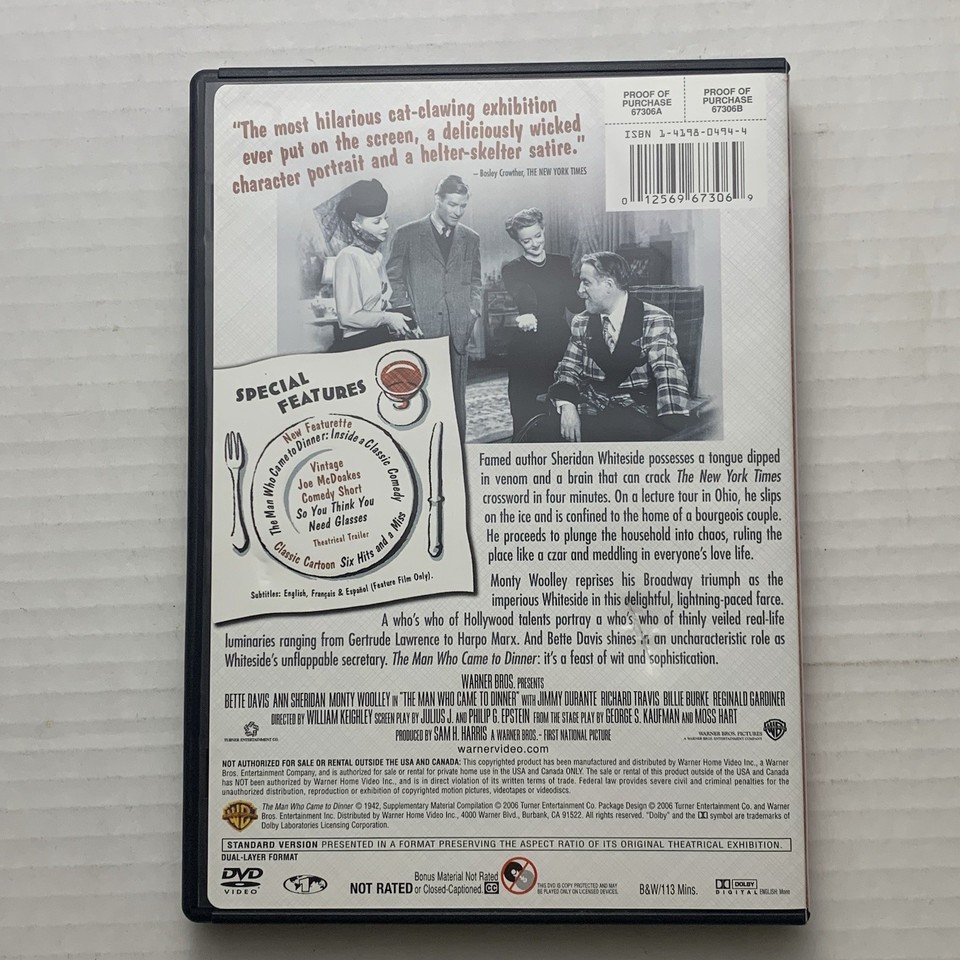 DVD The Man Who Came to Dinner (1942) Bette Davis Comedy 888574432515| eBay