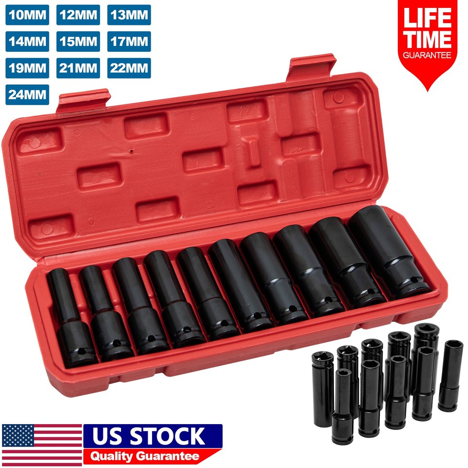 10pcs Metric Deep Impact Socket 1/2" Drive 10mm-24mm 6 Point Sockets w ...