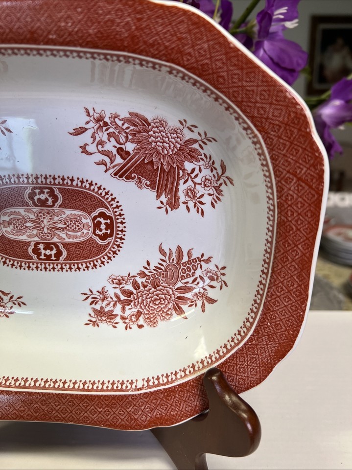 SPODE RARE “FITZHUGH RED” 9.75" RECTANGLE SERVING SALAD BOWL FINE STONE ...
