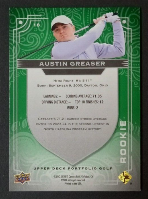 2024 Upper Deck Portfolio Golf #18 Austin Greaser Stature Rookie Green ...