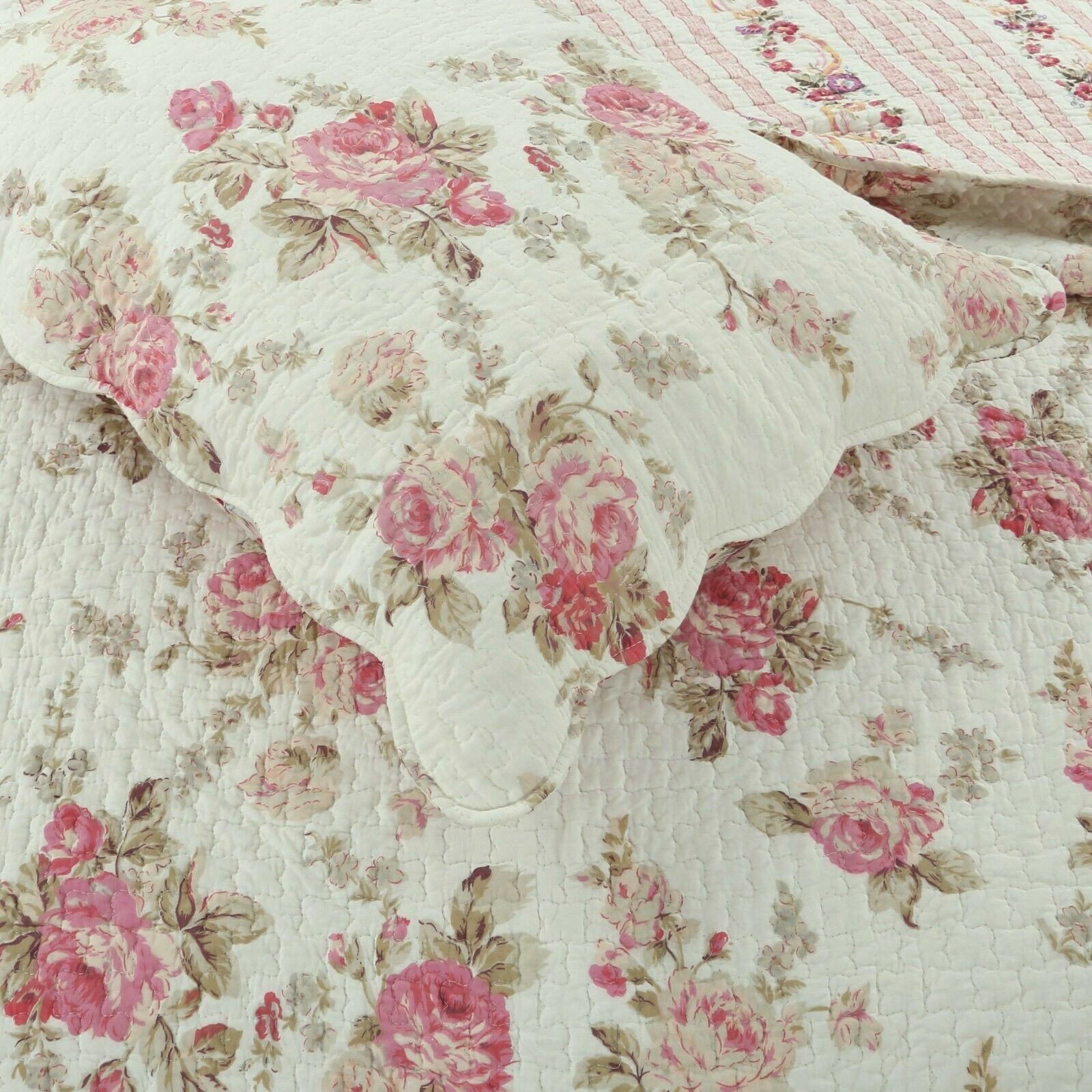 ROMANTIC VINTAGE ROSE 3p Queen QUILT SET : COTTON COTTAGE PINK COZY ...