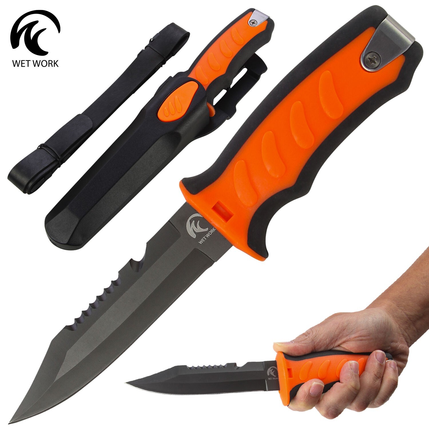Wet Work Partially Serrated Fixed Blade Dive Knife w/Sheath- Orange/Gun ...