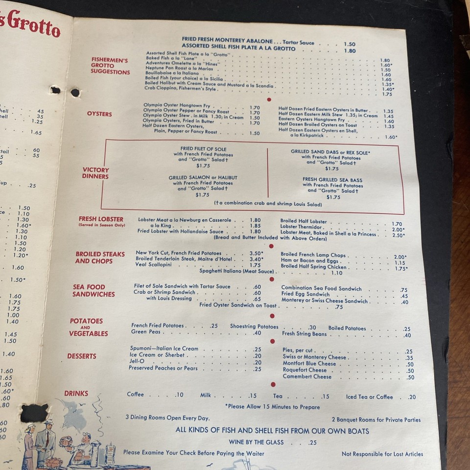 Fishermen’s Grotto Restaurant Menu No. 9 Fisherman's Wharf San ...