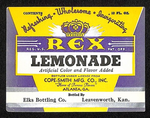 Rex Lemonade Elks Bottling Paper Soda Label Leavenworth, KS c1930's | eBay