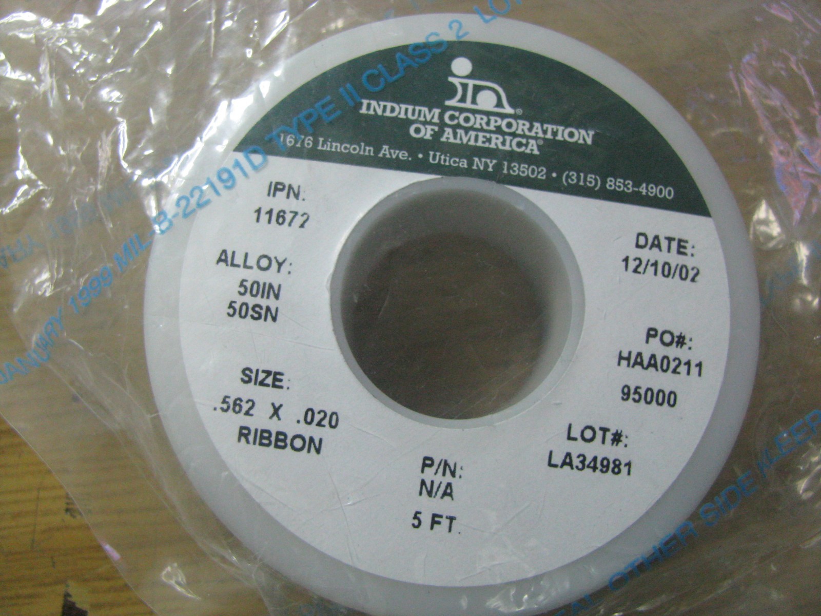 5ft Indium Corp Alloy Ribbon 50 IN-50 SN .562 x .020 | eBay