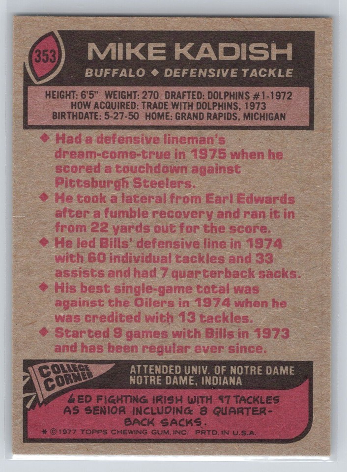 1977 Topps #353 Mike Kadish RC Rookie - Bills - Nrmt | eBay