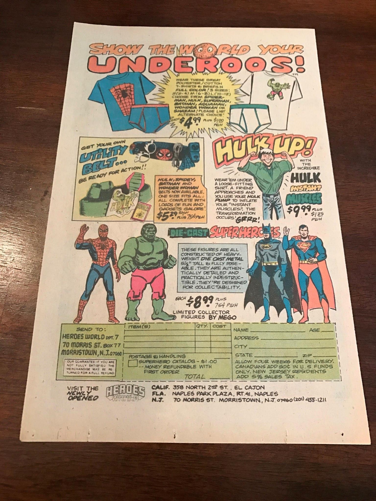 1979 VINTAGE 6x10 PRINT AD FOR MARVEL UNDEROOS,HULK UP INSTANT MUSCLES ...