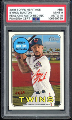 Byron Buxton 2018 Topps Heritage Real One Red Ink AUTO /69 #BB PSA 9 ...