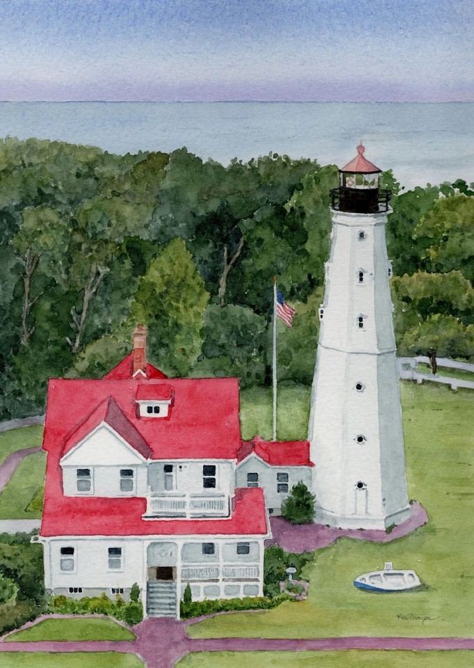North Point Lighthouse, Milwaukee, Wisc. Aerial Portrait. Watercolor ...