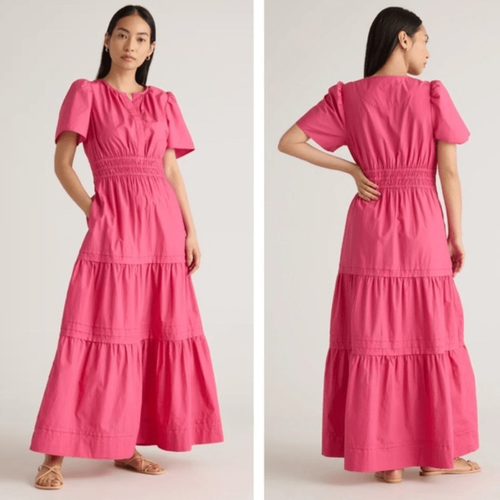 Quince 100% Organic Cotton Poplin Tiered Maxi Dress in Lipstick Pink ...