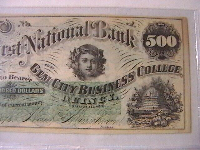 1873 $500 GEM CITY BUSINESS COLLEGE NATIONAL BANK NOTE QUINCY ILLINOIS ...