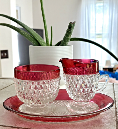 Vintage Indiana Glass Company Diamond Point Ruby Flash Creamer, Sugar ...