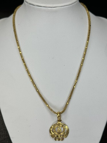 14" Gold Square Beaded Chain Khanda & Sikh Cutout Pendant 22K Yellow ...