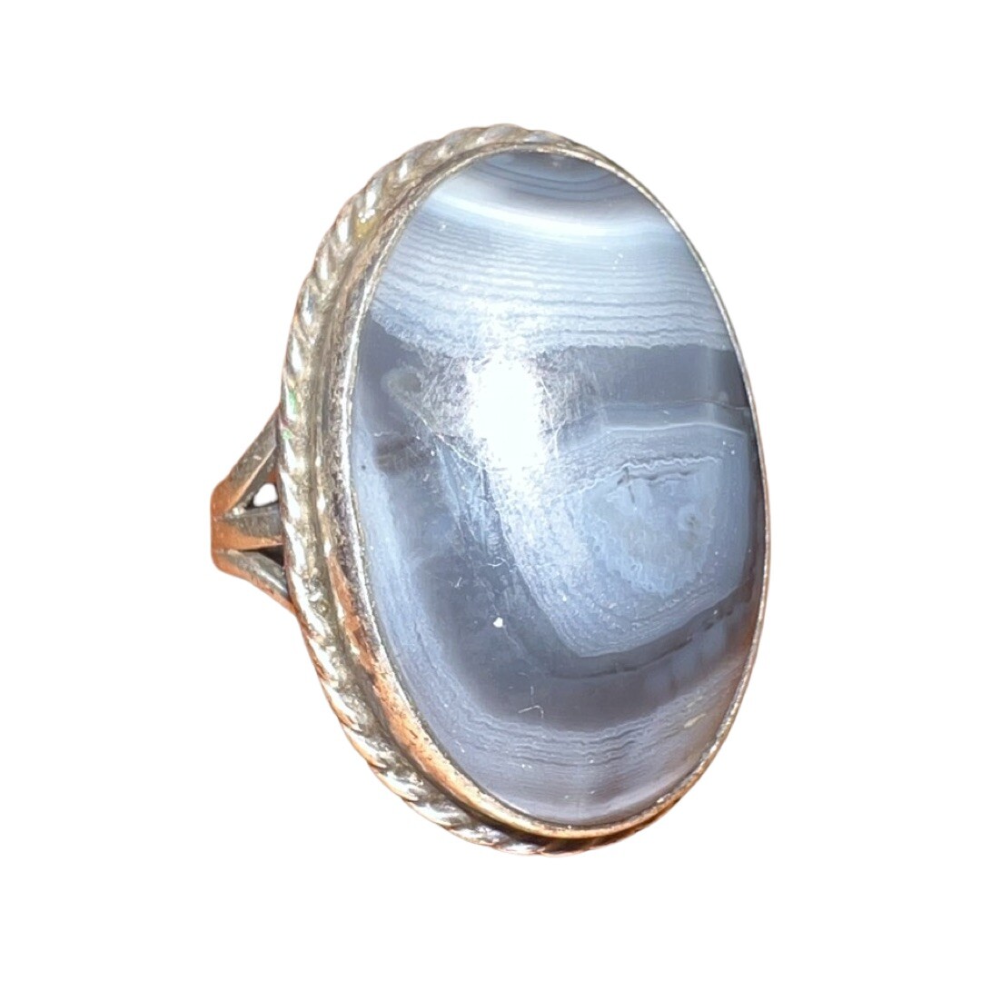 Antique Large Vintage Sterling Silver Deco Agate Ston… - Gem