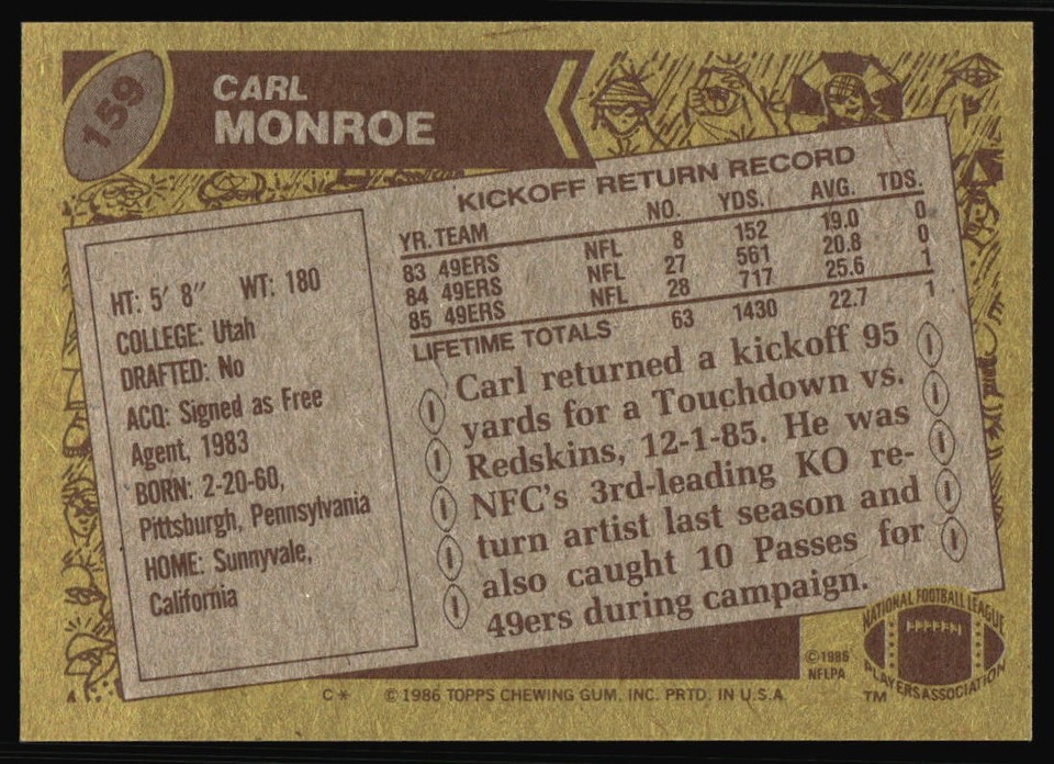 1986 Topps Carl Monroe Rookie #159 San Francisco 49ers | eBay