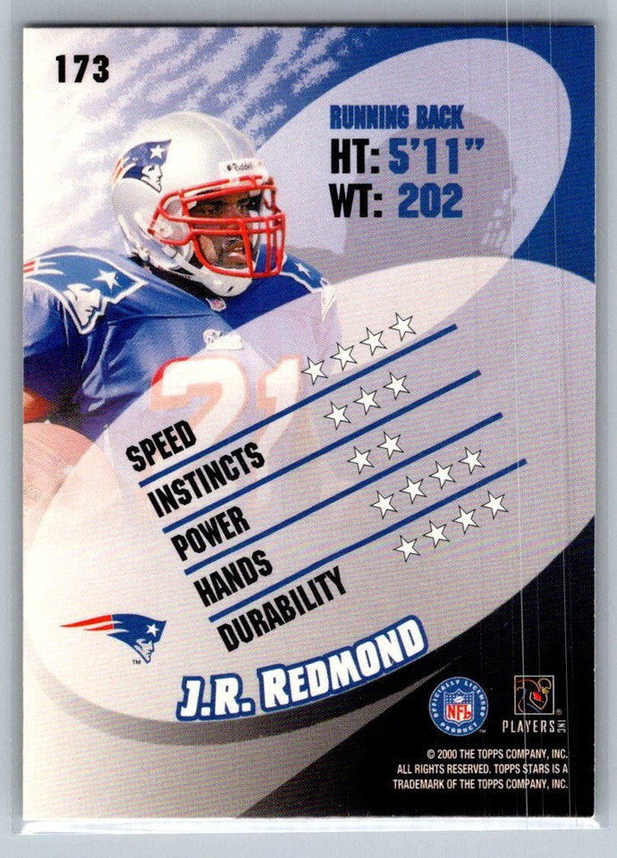 2000 Topps Stars #173 J.R. Redmond New England Patriots Football Card ...