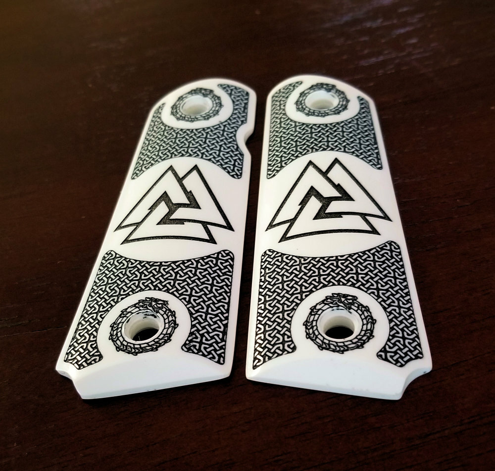 1911 custom engraved ivory scrimshaw grips Viking Symbol Valknut ...