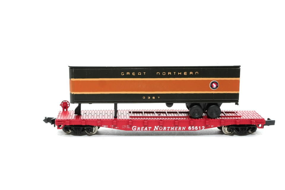 N SCALE/CON COR GREAT NORTHERN FLAT CAR #65612 W/ GN TRAILER | eBay