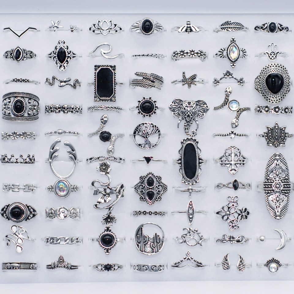 100 Bulk Bohemia Vintage Finger Ring Antique Silver Women Girl Party ...