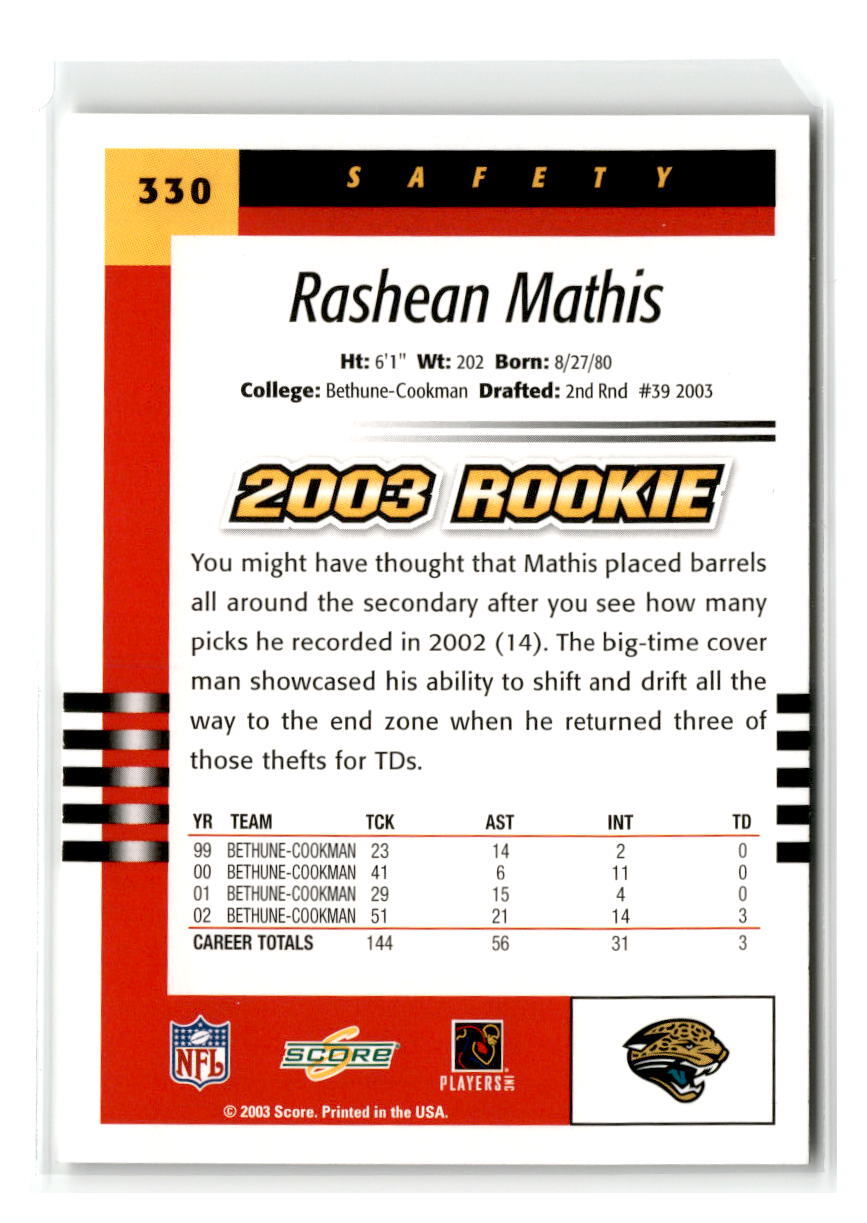 2003 Score - #330 Rashean Mathis (RC) for sale online | eBay