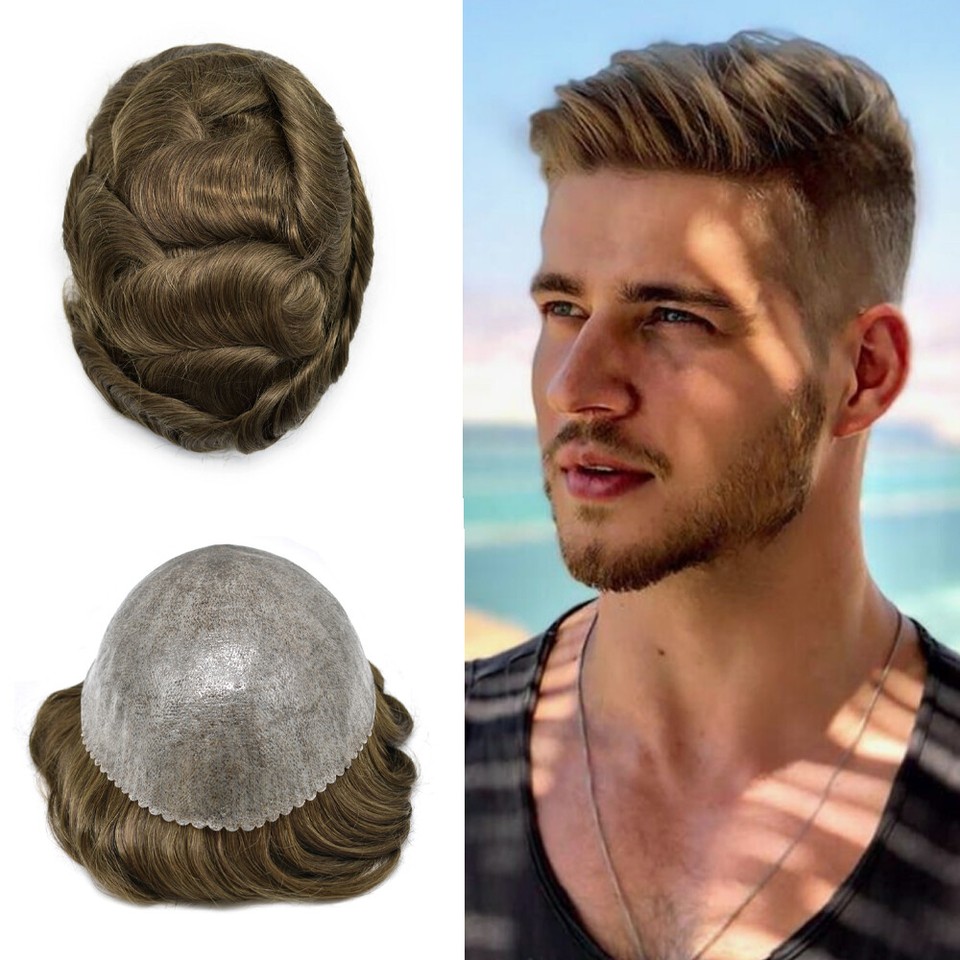 Mens Toupee Human Hair Units Thin Skin Hair System Full Poly PU Hair ...