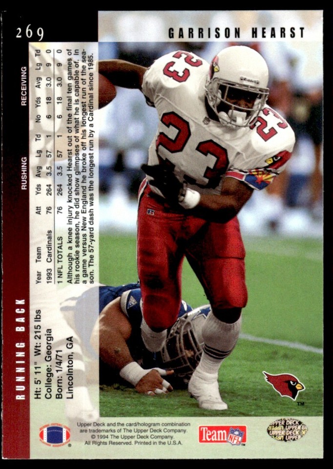 1994 Upper Deck Garrison Hearst Phoenix Cardinals #269 Georgia Bulldogs ...