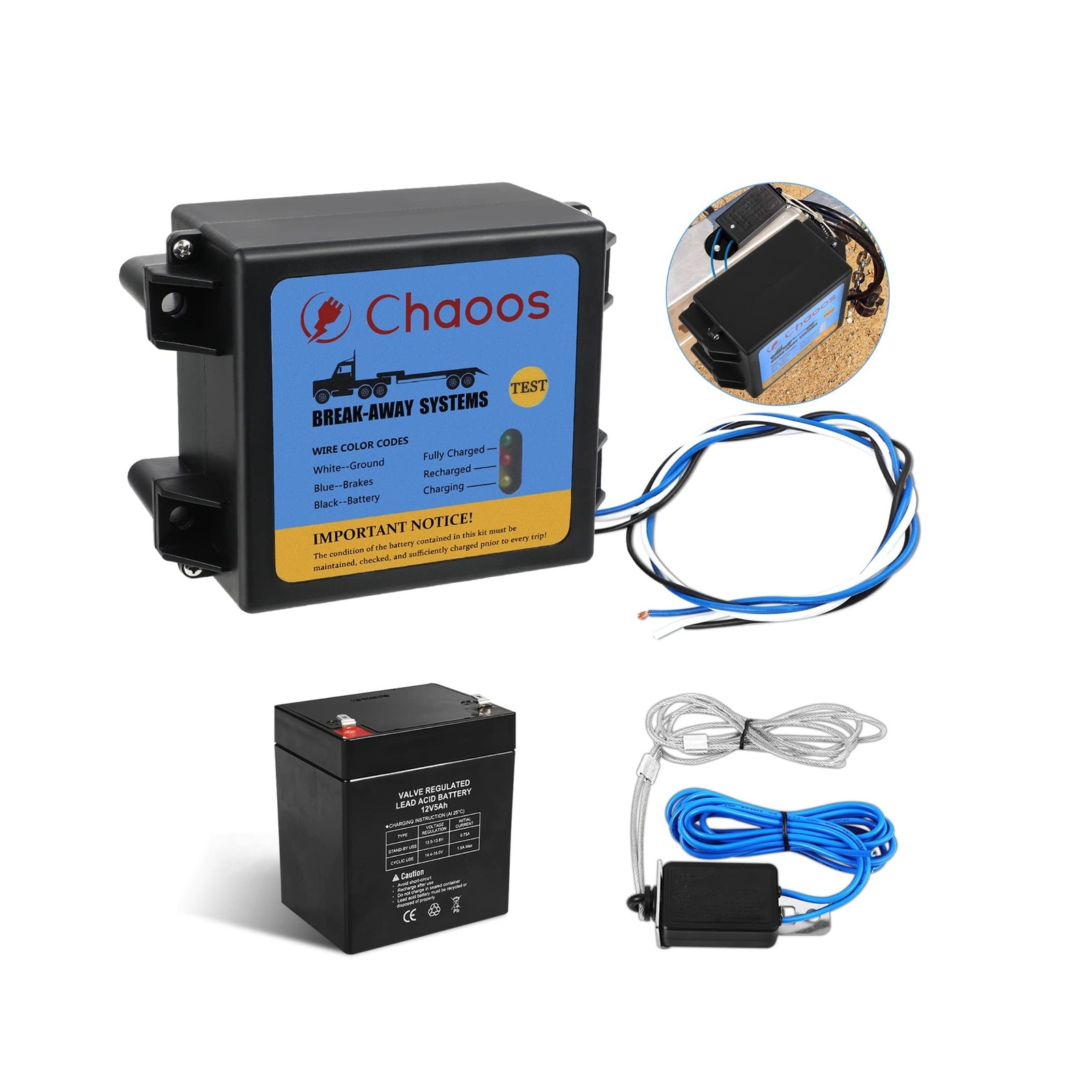 Chaoos Trailer Brakes Breakaway Kit with Charger, LED Indicator and ...