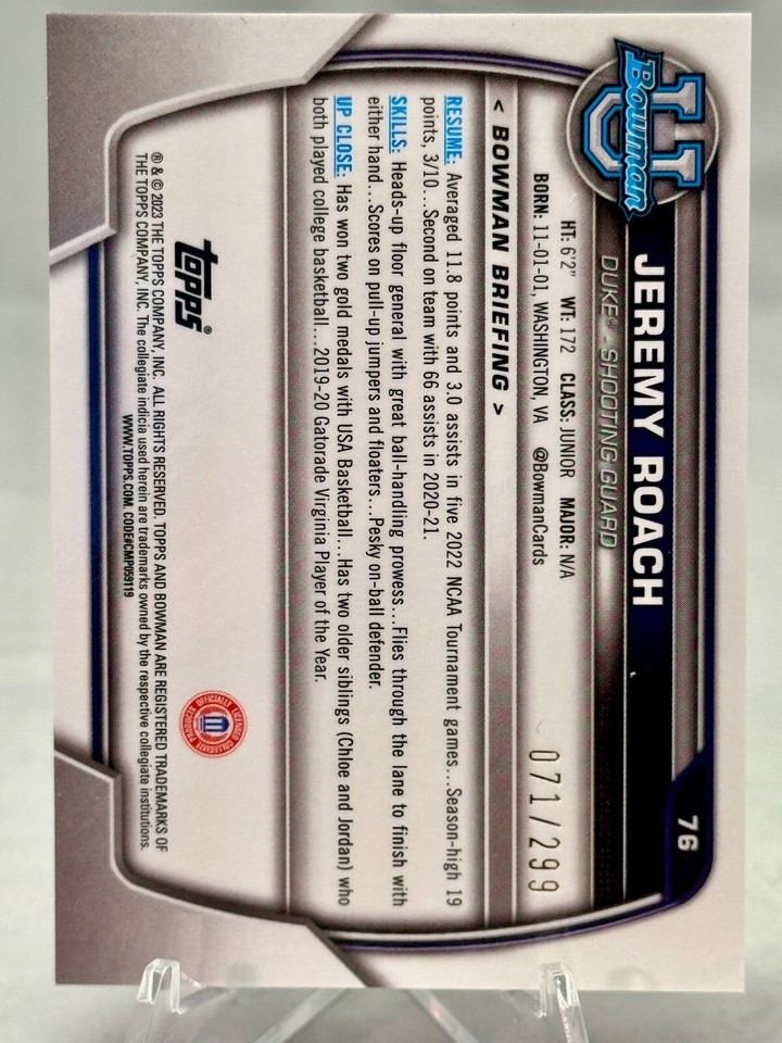 2022-23 Bowman Chrome University Jeremy Roach Aqua Wave /299 Duke | eBay