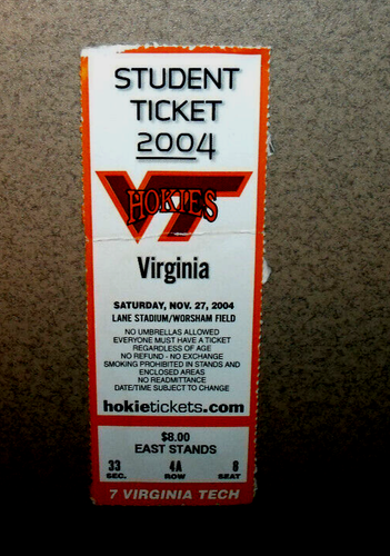 Virginia Tech Hokies 11/27/2004 Football Student Ticket Stub Virginia ...