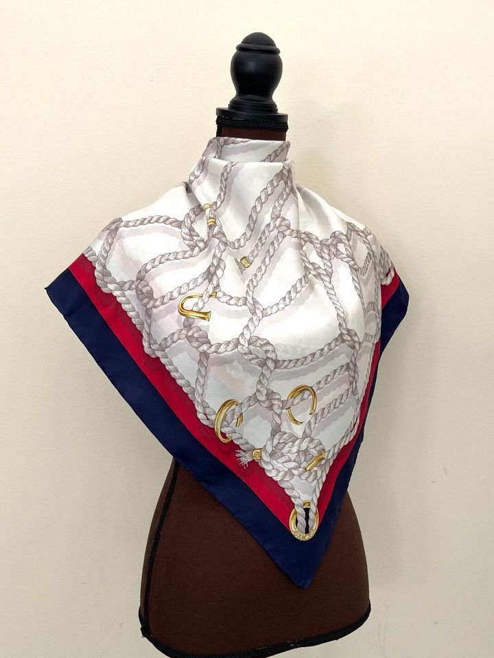 New Gucci Scarf White Ropes Print Red Blue Border Silk Wrap with Gucci ...