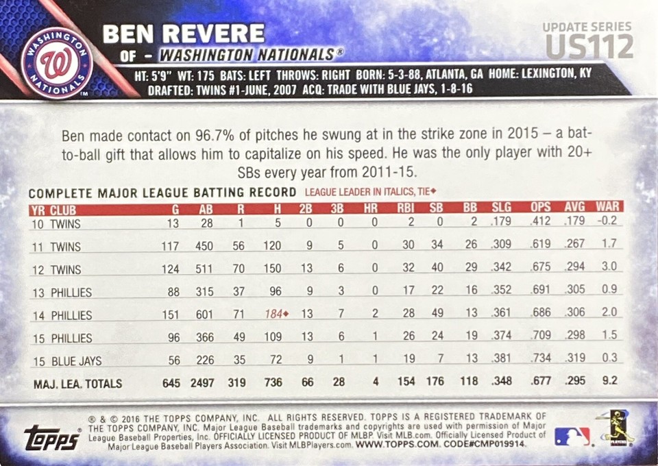 2016 Topps Update Series #US112 Ben Revere Washington Nationals ...