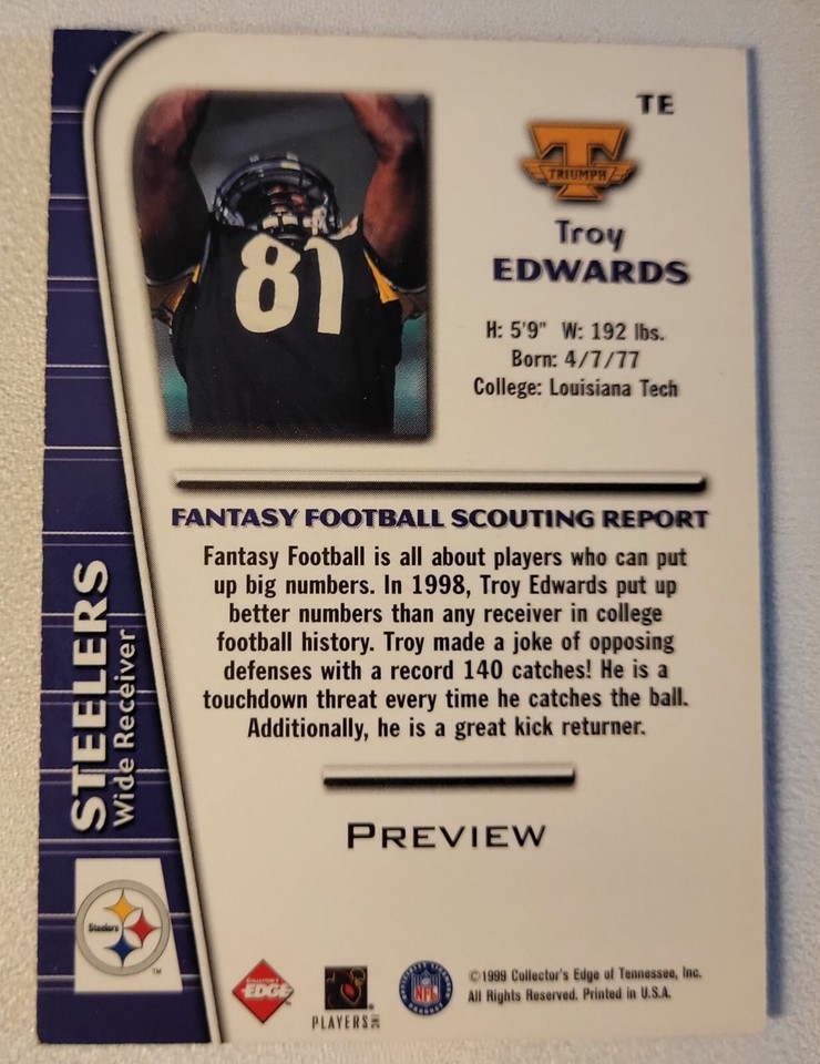 1999 Colector's Edge Triumph Troy Edwards Football Insert Card | eBay