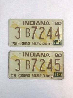 Set Of Two Indiana License Plates Serial Numbers 3B7244 And 3B7245 Made ...